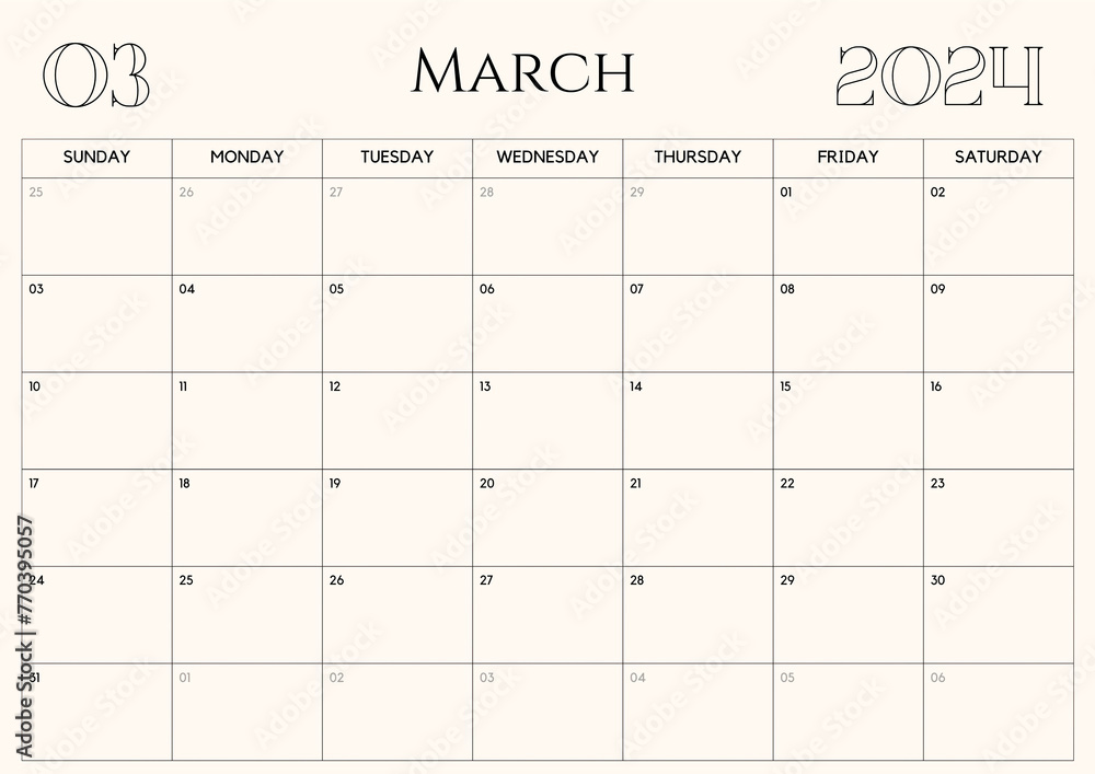 Printable Monthly Calendar Template for March 2024. Wall Calendar in a ...