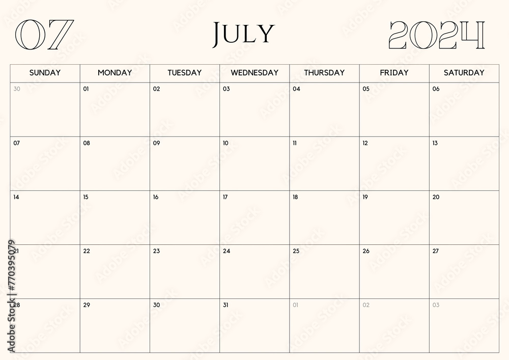 Printable Monthly Calendar Template for July 2024. Wall Calendar in a ...