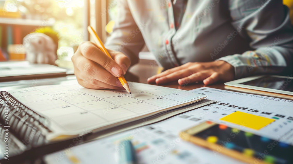 Focused Individual Marking Dates on Calendar for Project Scheduling ...