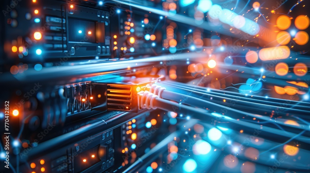 A light blue server showing binary data transfer through many cable as ...