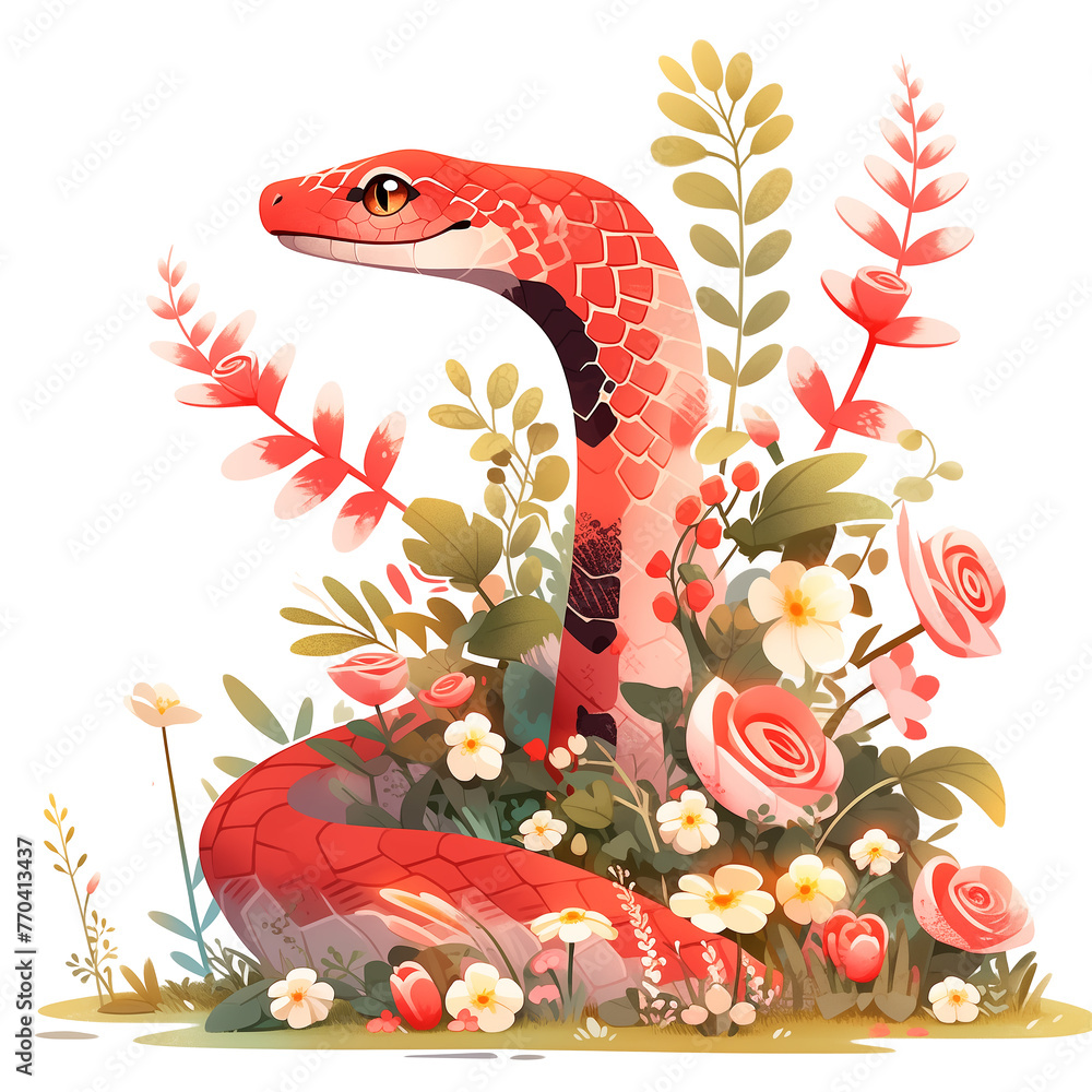 Hand drawn cartoon illustration of cute red zodiac snake among flowers ...