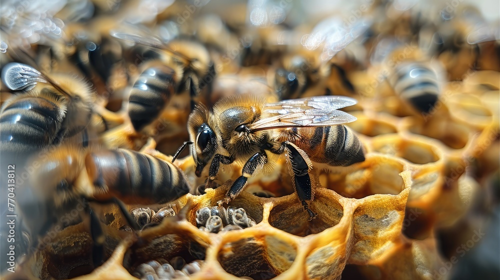The queen bee is laying eggs with bee eggs and larvae all around ...