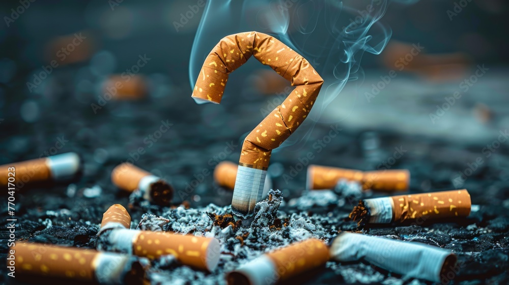 Cigarette butts forming a question mark, questioning the habit Stock ...