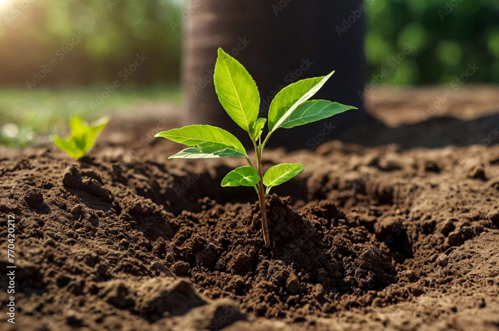 Young tree sapling lies at dug hole next to shovel and is ready to ...