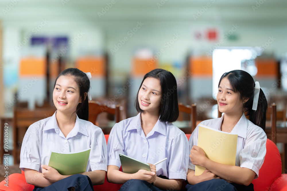 Group of half body image of Asian female student with short hair and ...