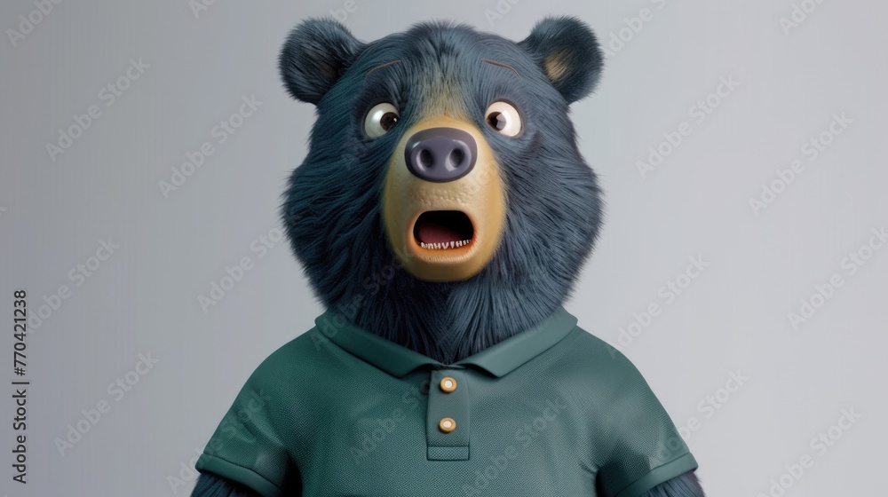 Animated style Rendered 3D dark blue bear, wearing a Dark green Polo T ...