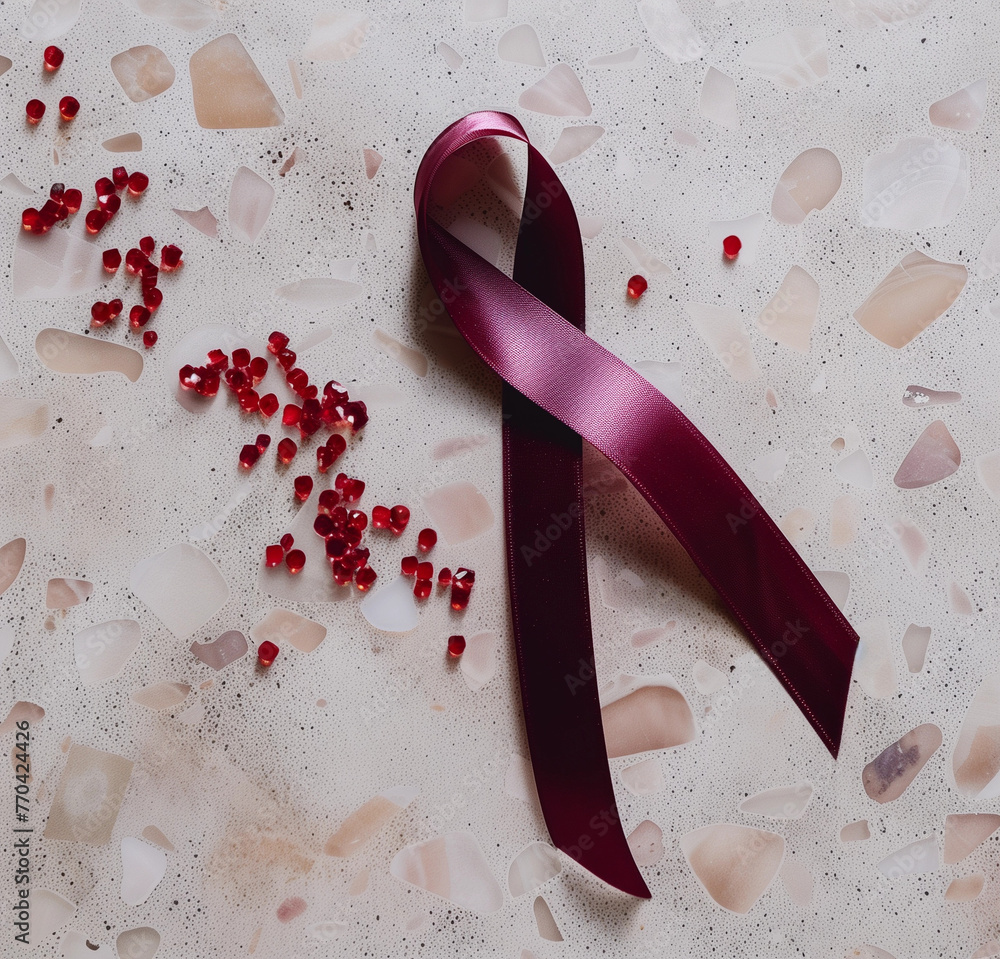 Flat lay burgundy cancer ribbon gemstone background support multiple ...