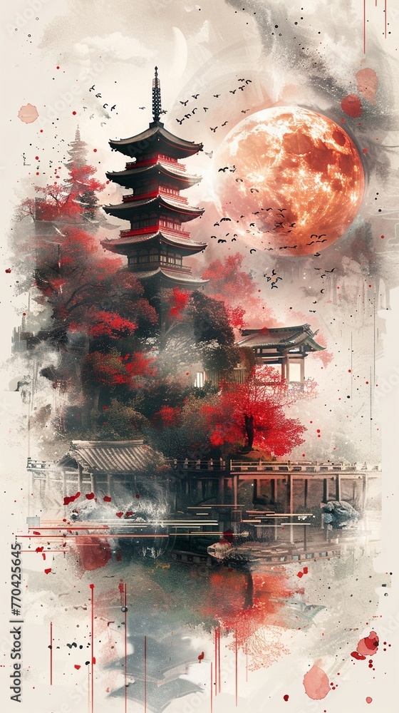 Ethereal Japanese watercolor blending traditional motifs with the ...