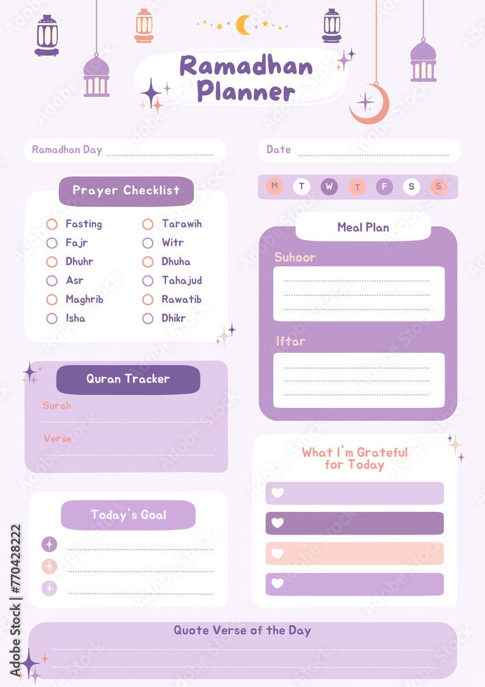 Printable Ramadan Planner Template with Purple Theme for School, Work ...