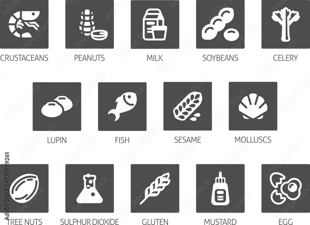 Food allergen allergy icons. include big 8 FDA Major Allergens and 14 ...