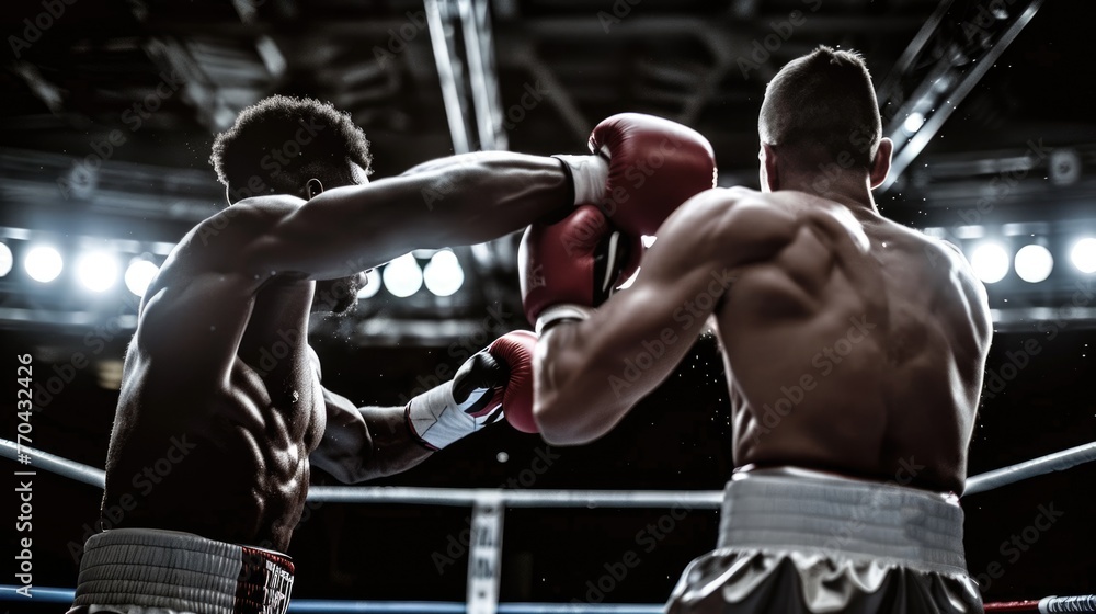 Two boxers are training in the ring. Men fight with boxing gloves ...