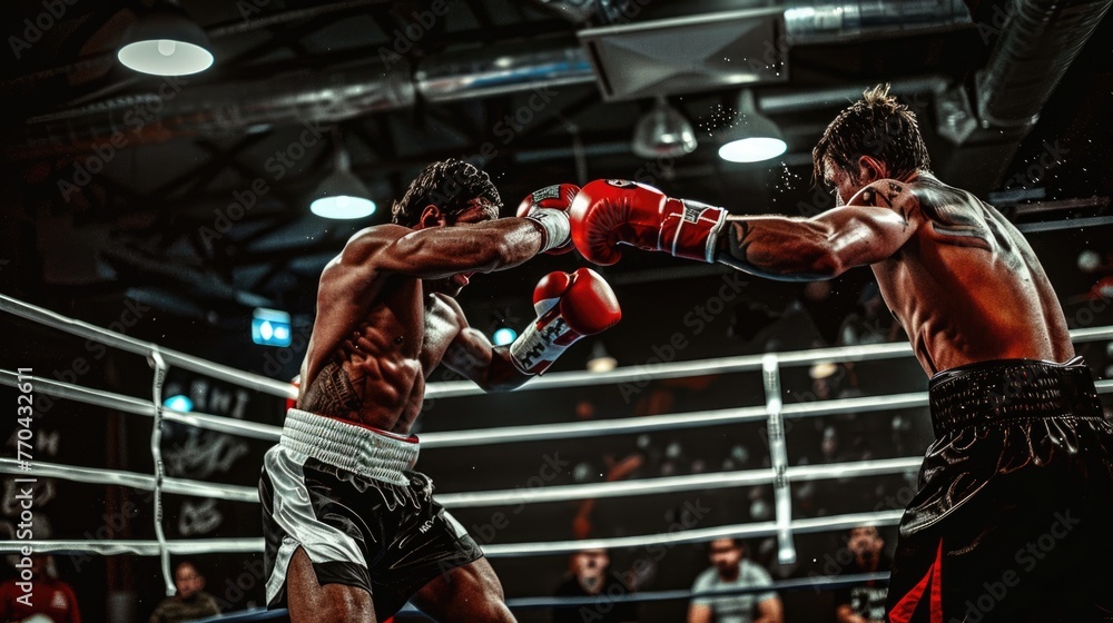 Two boxers are training in the ring. Men fight with boxing gloves ...