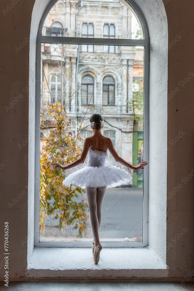Ballerina poses en pointe, white tutu within an arched window frame ...