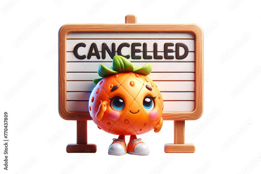 Fruit mascot announcing a cancellation. Wooden board with CANCELLED ...