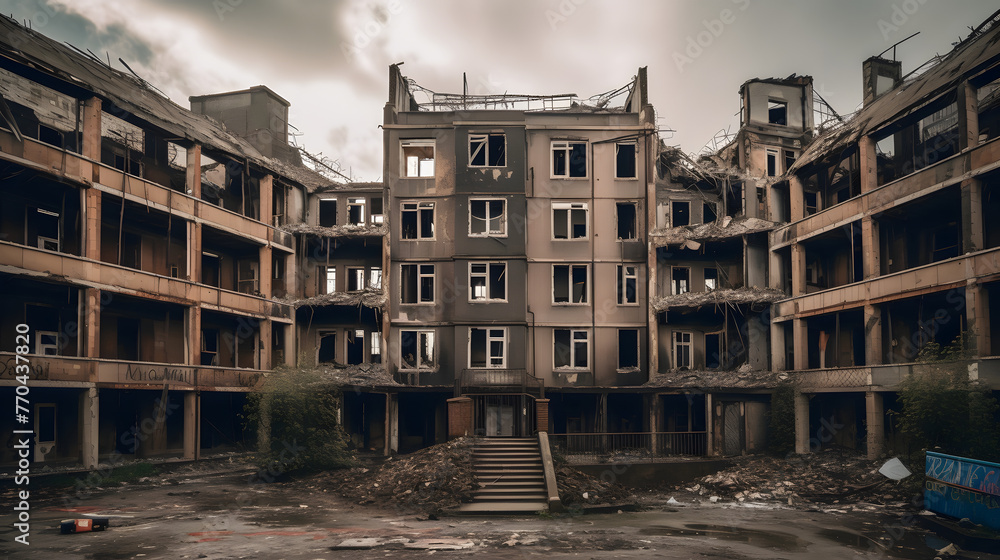 the damaged building of burned housing estate with shattered windows ...