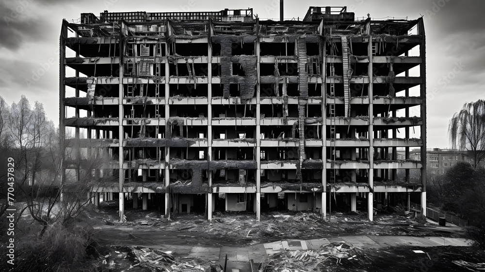the damaged building of burned housing estate with shattered windows ...