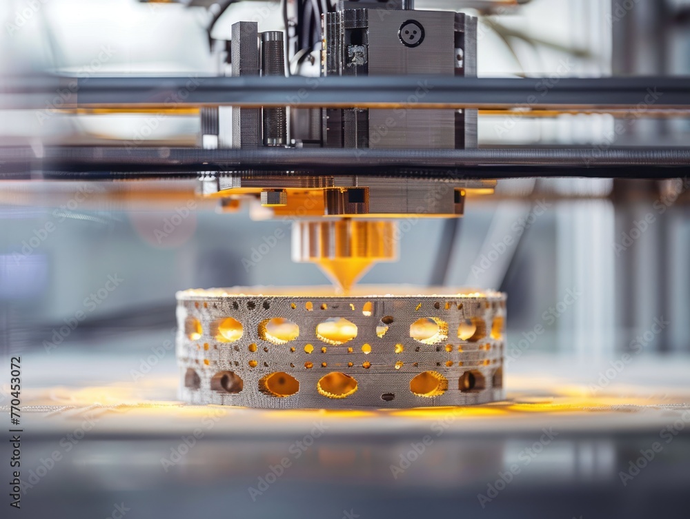 close-up of a 3D printer in action, printing a model of a sustainable building, focus on the ...