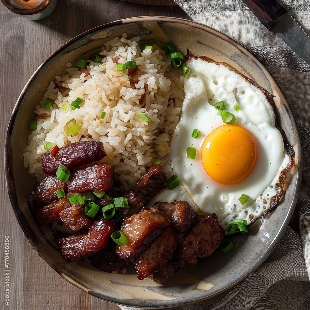 A Filipino breakfast of silog, garlic fried rice with a choice of meat like tapa (beef), tocino ...