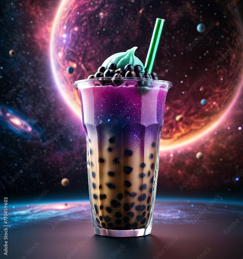 Bubble tea with black pearls and cream, foreground. Background displays ...