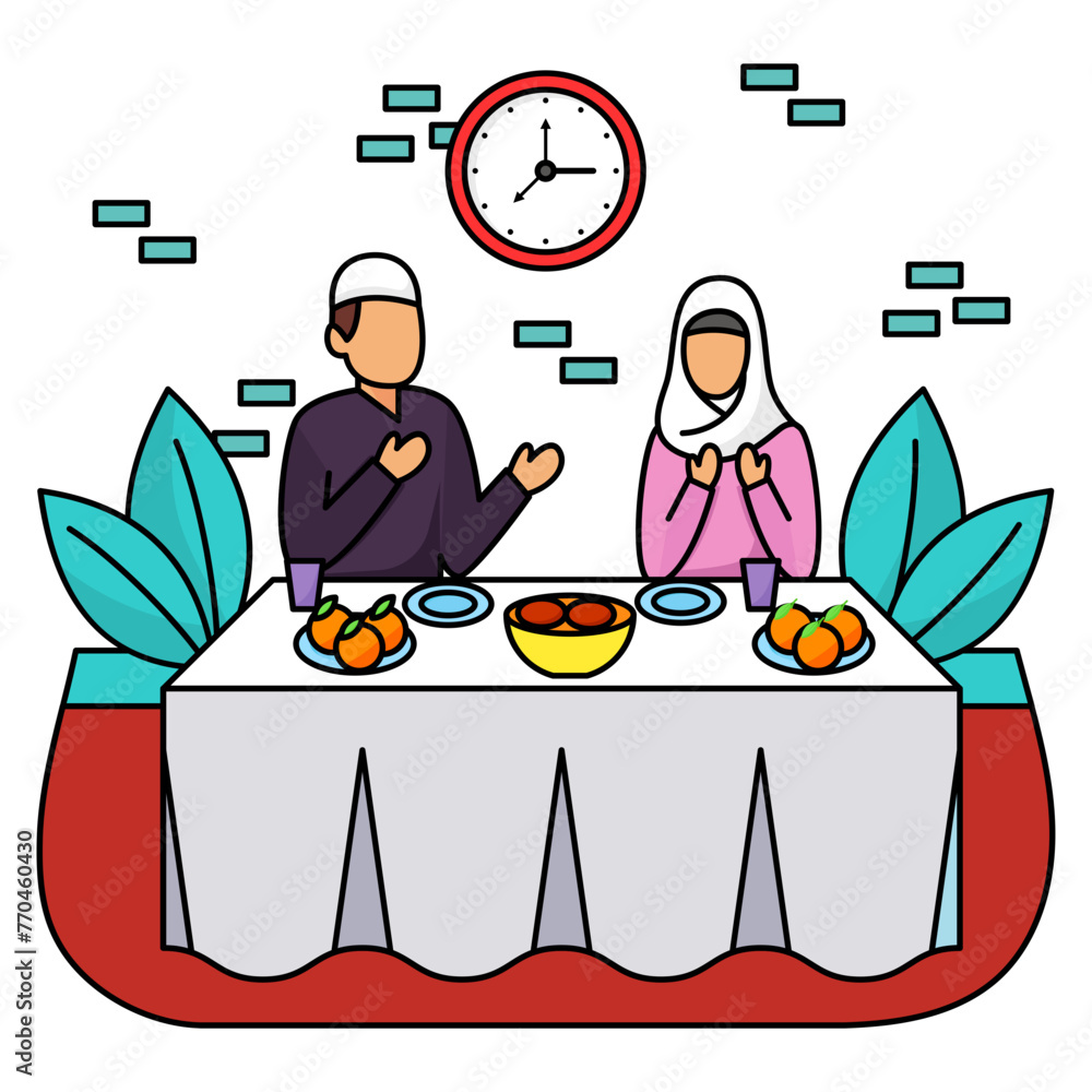 Muslims Family doing dua before breaking the fast concept, Ifarti time ...