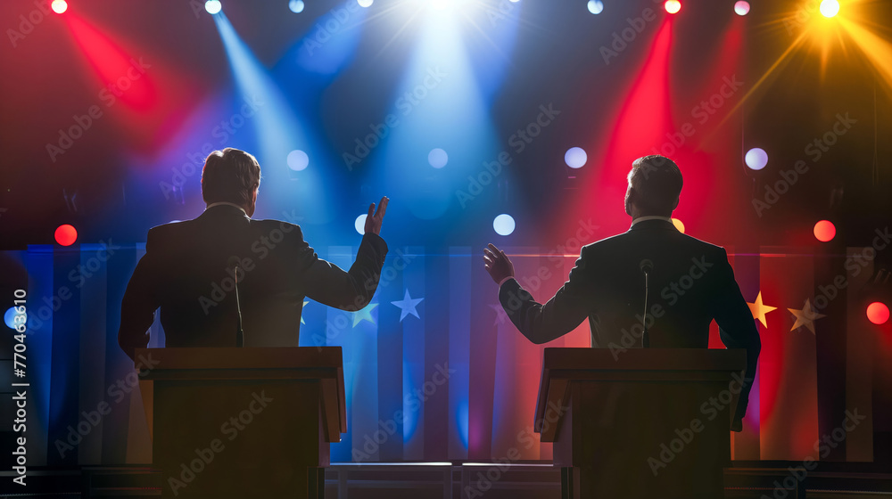 Dramatic political fondations night with two politician on podiums, one ...