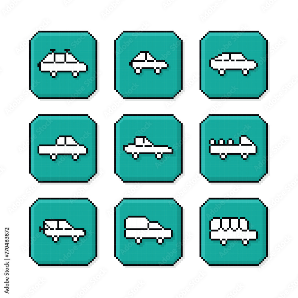 Pixel art, 90s mood, 8bit retro style cars automobile, set of pixilated ...