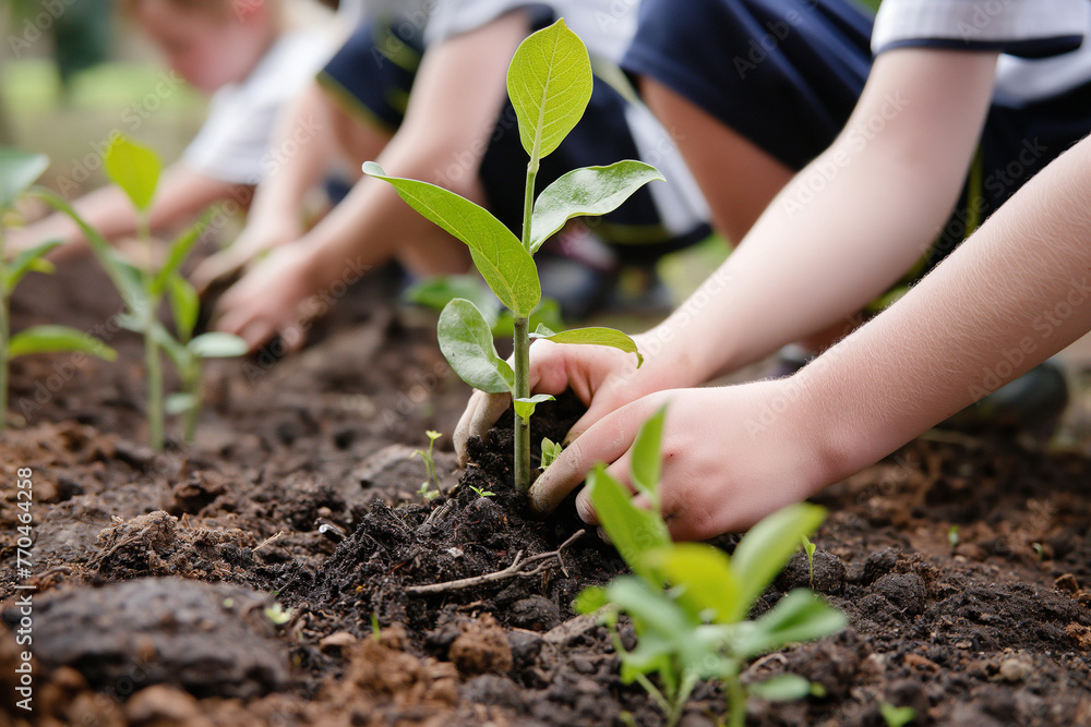 School students participating in a tree planting project as part of an ...