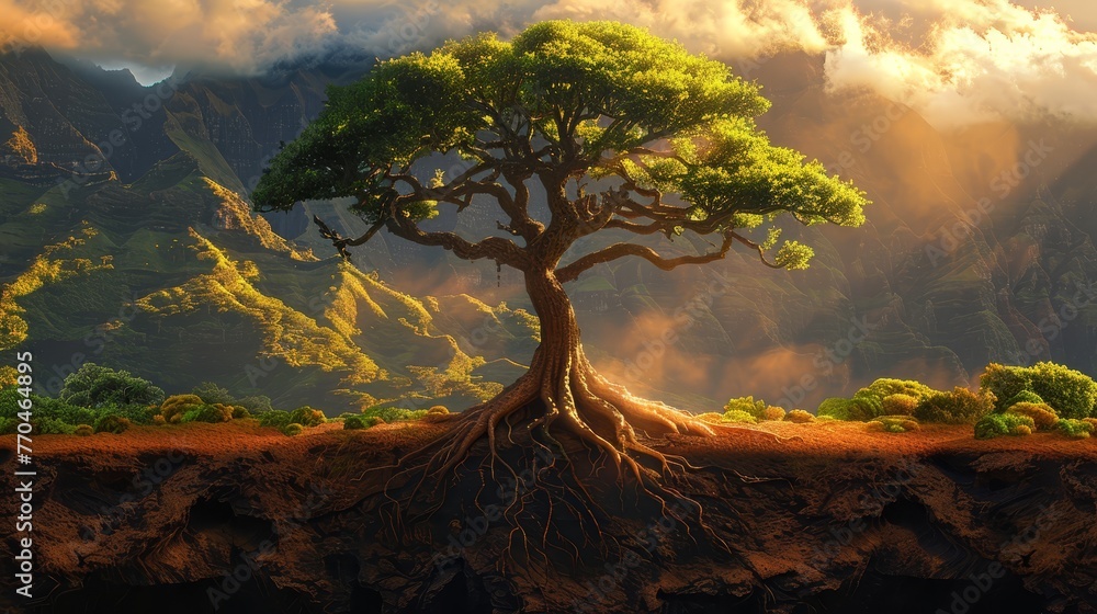 A painting depicts a tree with deep roots anchoring it to the earth ...
