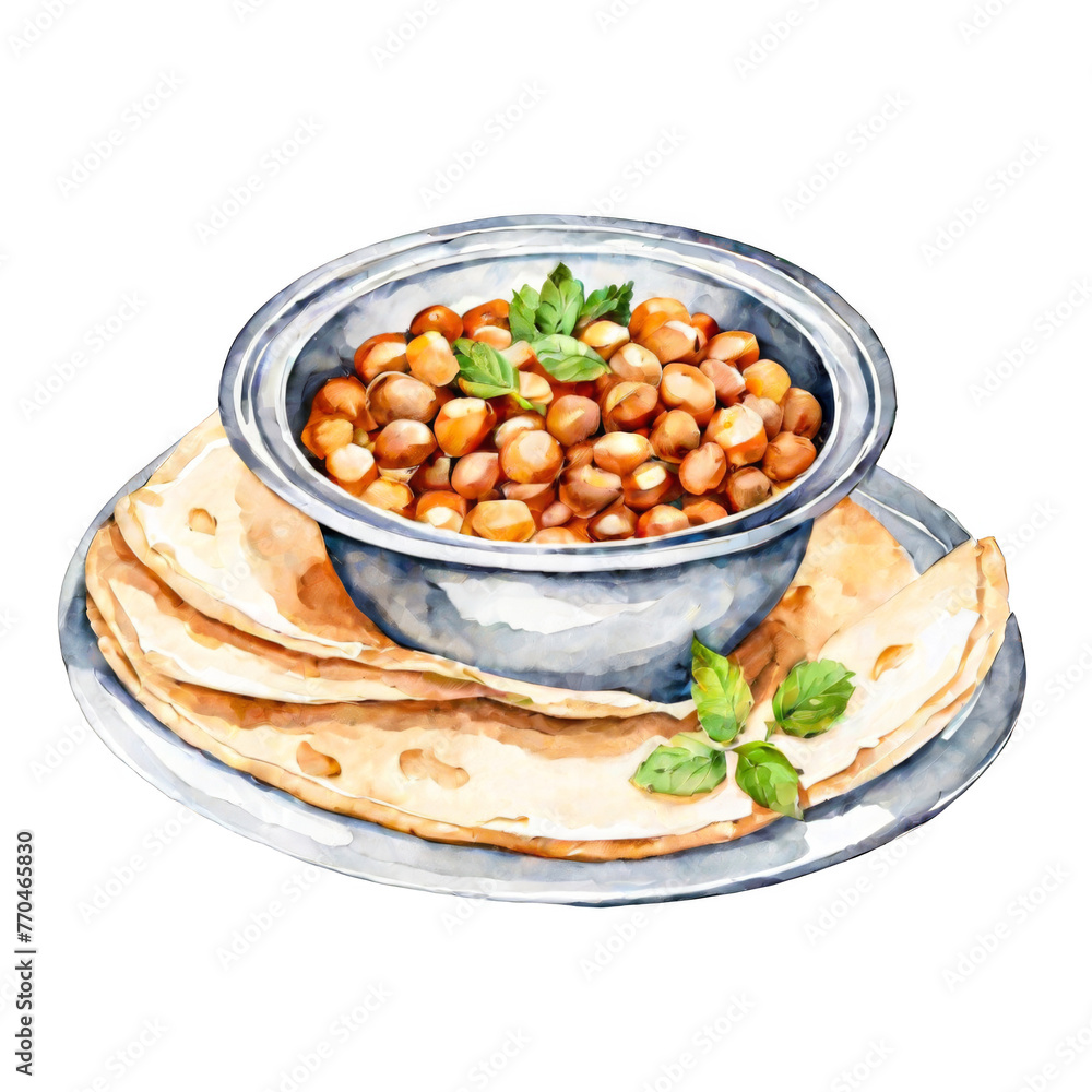 Egyptian ful medames with pita bread on copper tray, watercolor ...