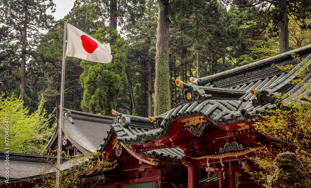 Japanese temple with its flag, Buddhist temple near Mount Fuji, spring ...