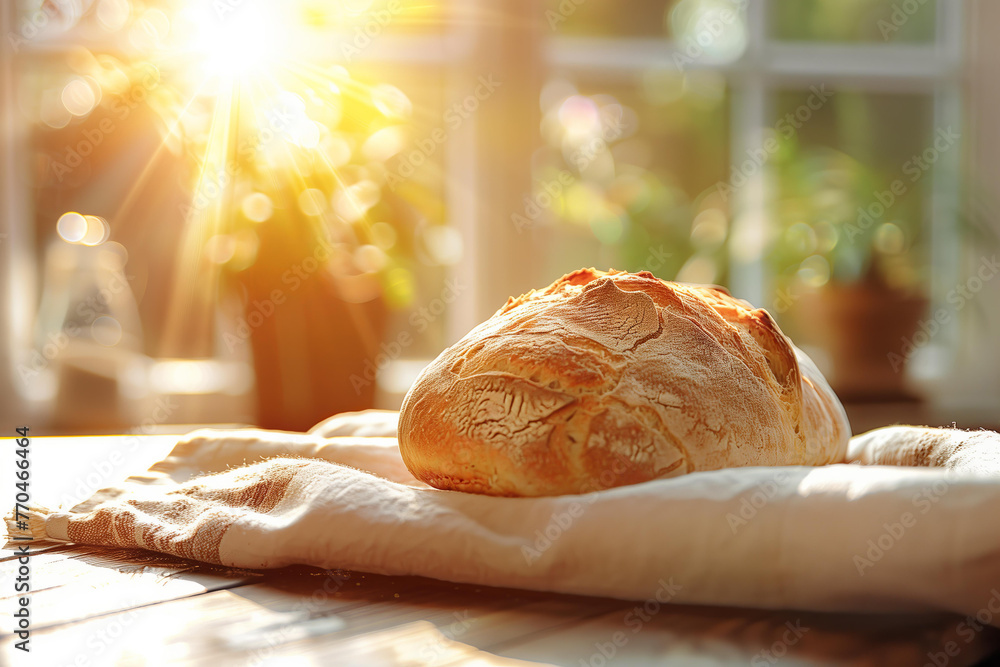 beautiful homemade bread laying on the soft cotton kitchen towel on the ...