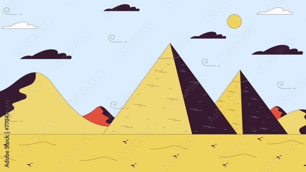 Egypt pyramids windy desert line cartoon animation. 4K video motion ...