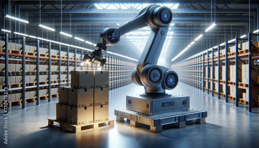 A modern robotic arm performing the painstaking work of stacking boxes ...