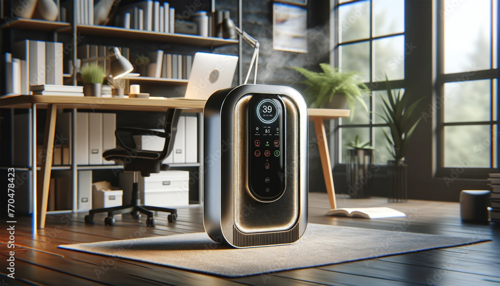 A state-of-the-art portable air purifier located in the home office ...