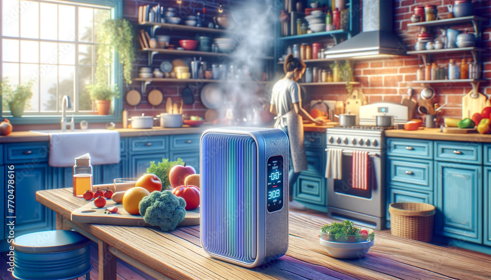 A portable air purifier placed on the kitchen counter amidst a busy and ...
