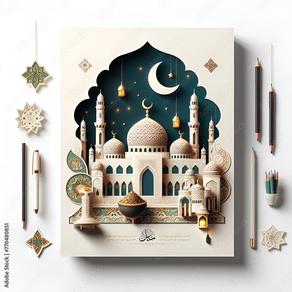 Paper style ramadan celebration background, osque illustration ...
