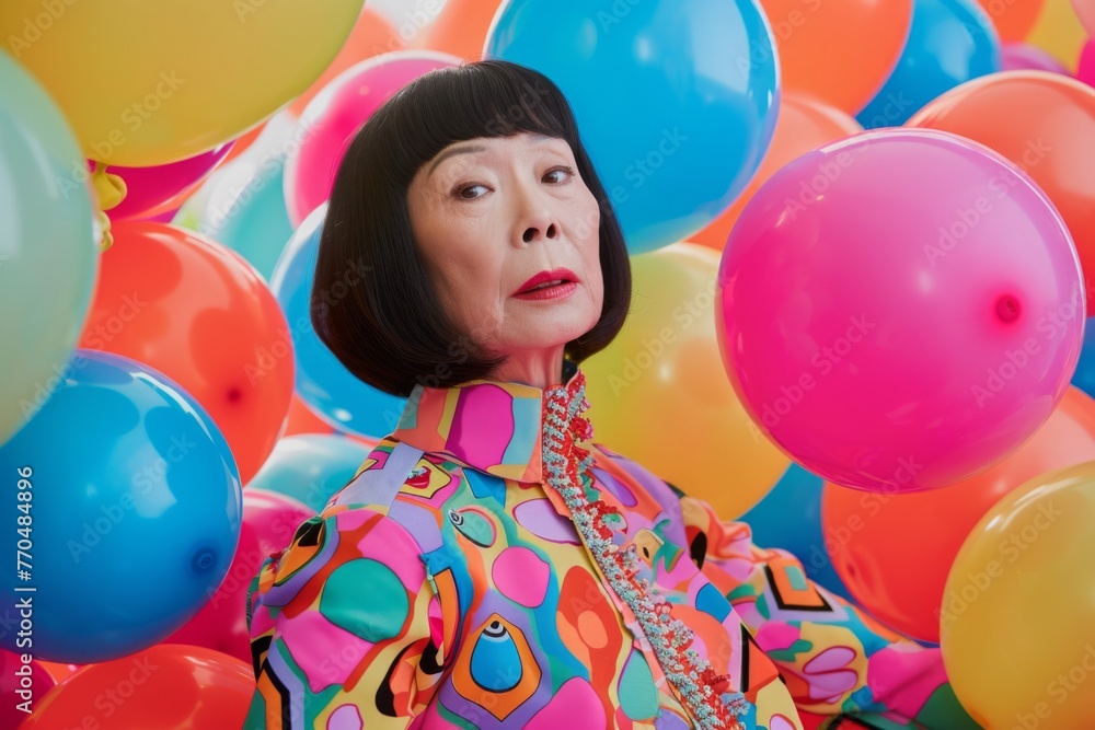 Caught in a bubble of reflection, an elder lady's eyes tell of joy and ...