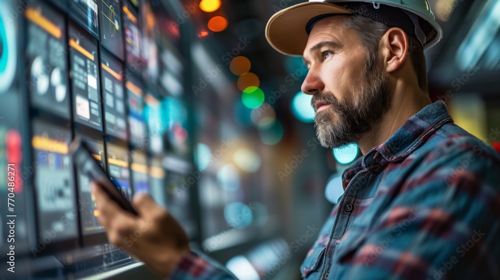 Engineer Analyzing Data on Control Room Screens. Male engineer wearing ...