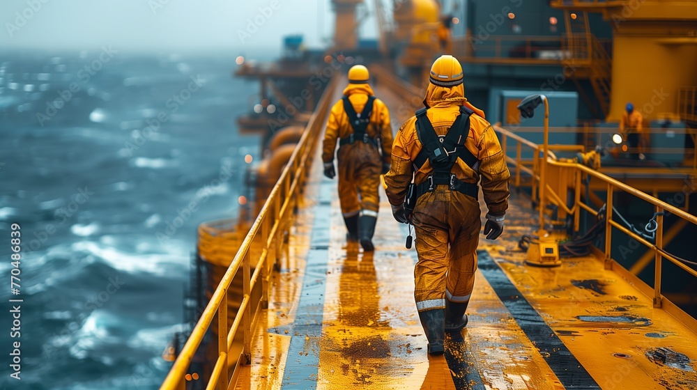 Oil Rig Workers on Stormy Sea Walkway. Oil workers in protective ...