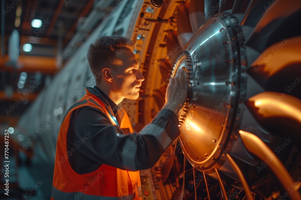 Aeronautical engineer in high visibility vest inspecting the turbine of ...