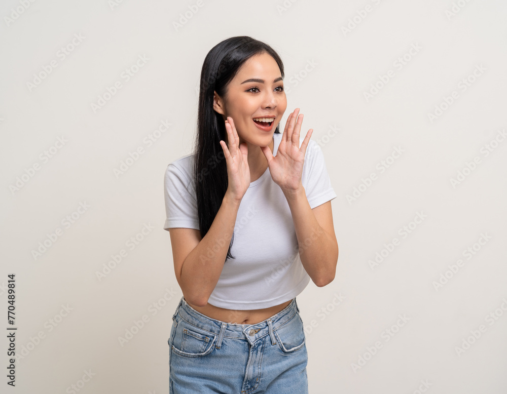 Wow Happy beautiful young asian woman excited pretty girl shout out ...
