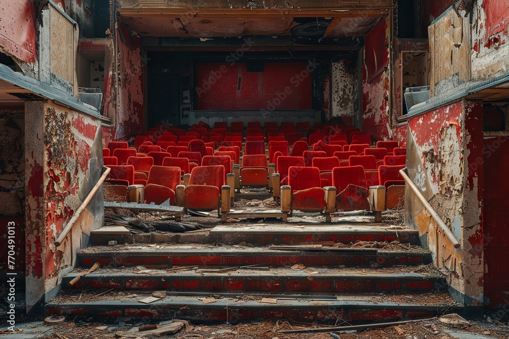 An abandoned cinema with an old worn out stage and broken seats. The ...