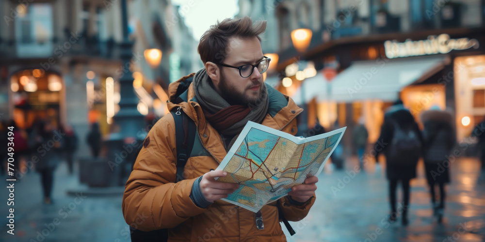 Confused male tourist struggling to find an object on a map while ...