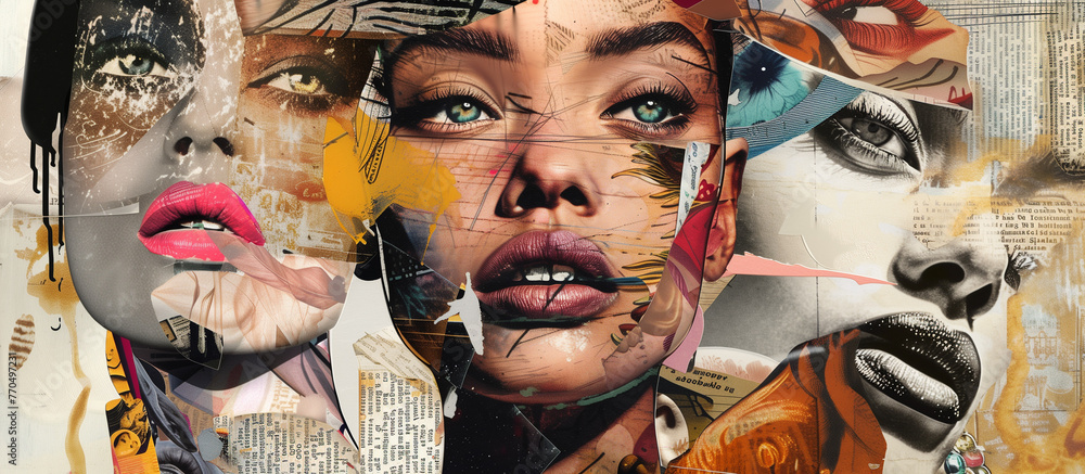 An avant-garde collage blending human facial features with contemporary ...