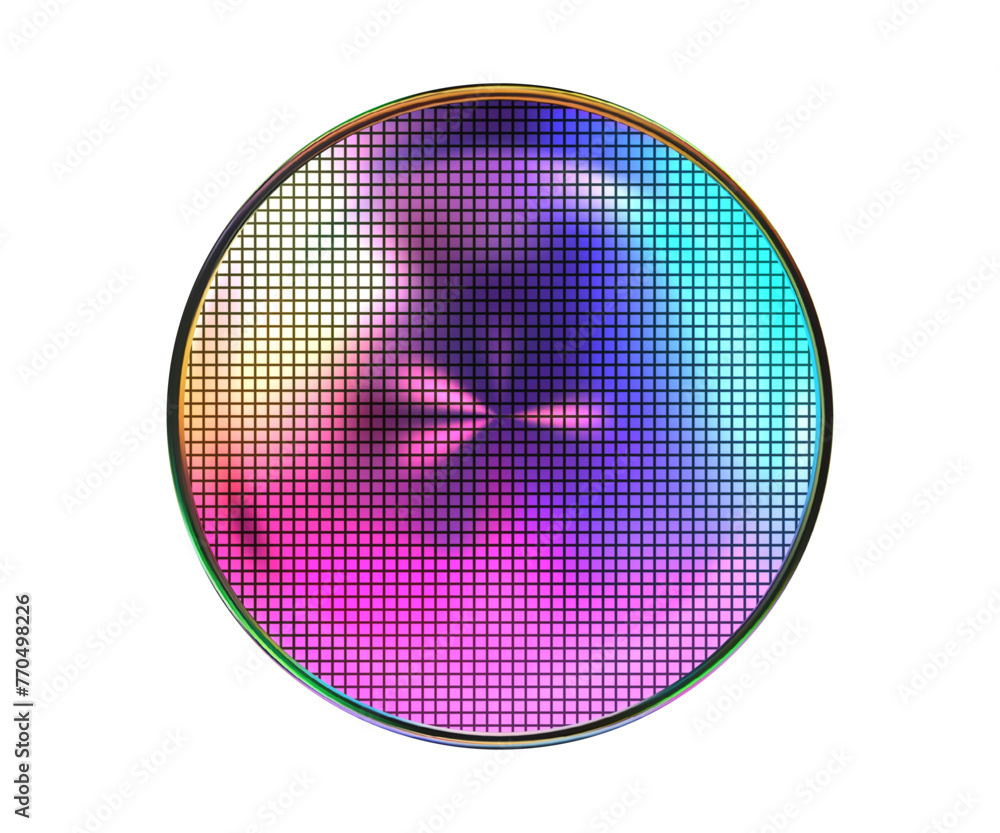 Bright rainbow silicon wafer with microchip cells on white ...