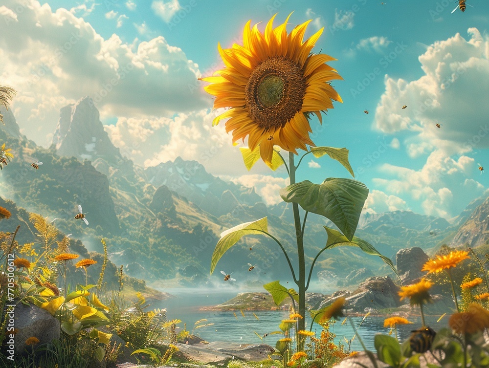 Giant sunflower in ZBrush towering over a surreal landscape with VFX ...
