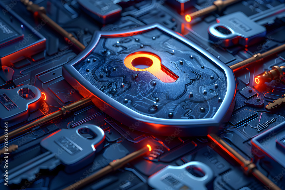 A 3D animated cartoon render of a shield surrounded by digital locks and keys for cyber security ...