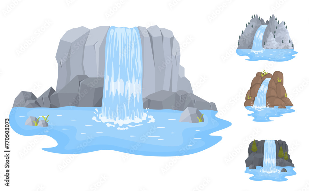 River waterfall falls from cliff on white background. Picturesque ...