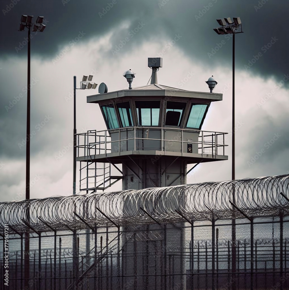 Prison guard tower surrounded by concertina wire created with artificial intelligence Stock ...