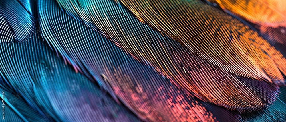 Closeup of a birds feather, with individual barbs and color gradients ...